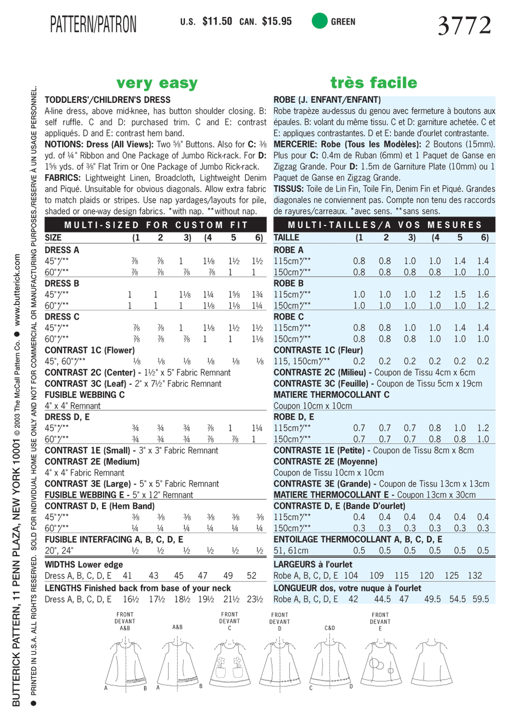 Butterick Pattern: B3772 Toddler's & Children's Dress — jaycotts.co.uk ...