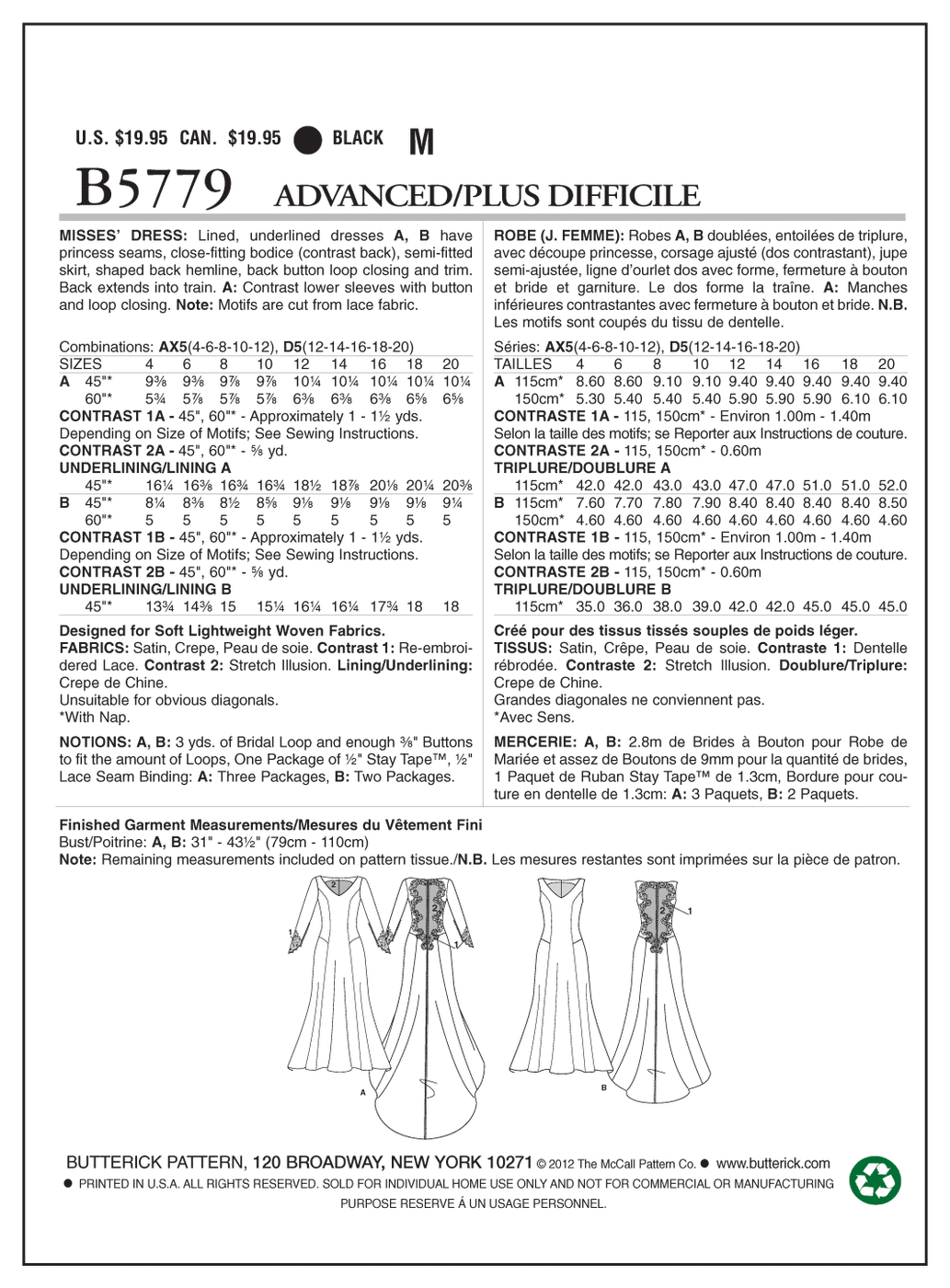 Butterick Pattern: B5779 Misses' Wedding Dress — jaycotts.co.uk ...