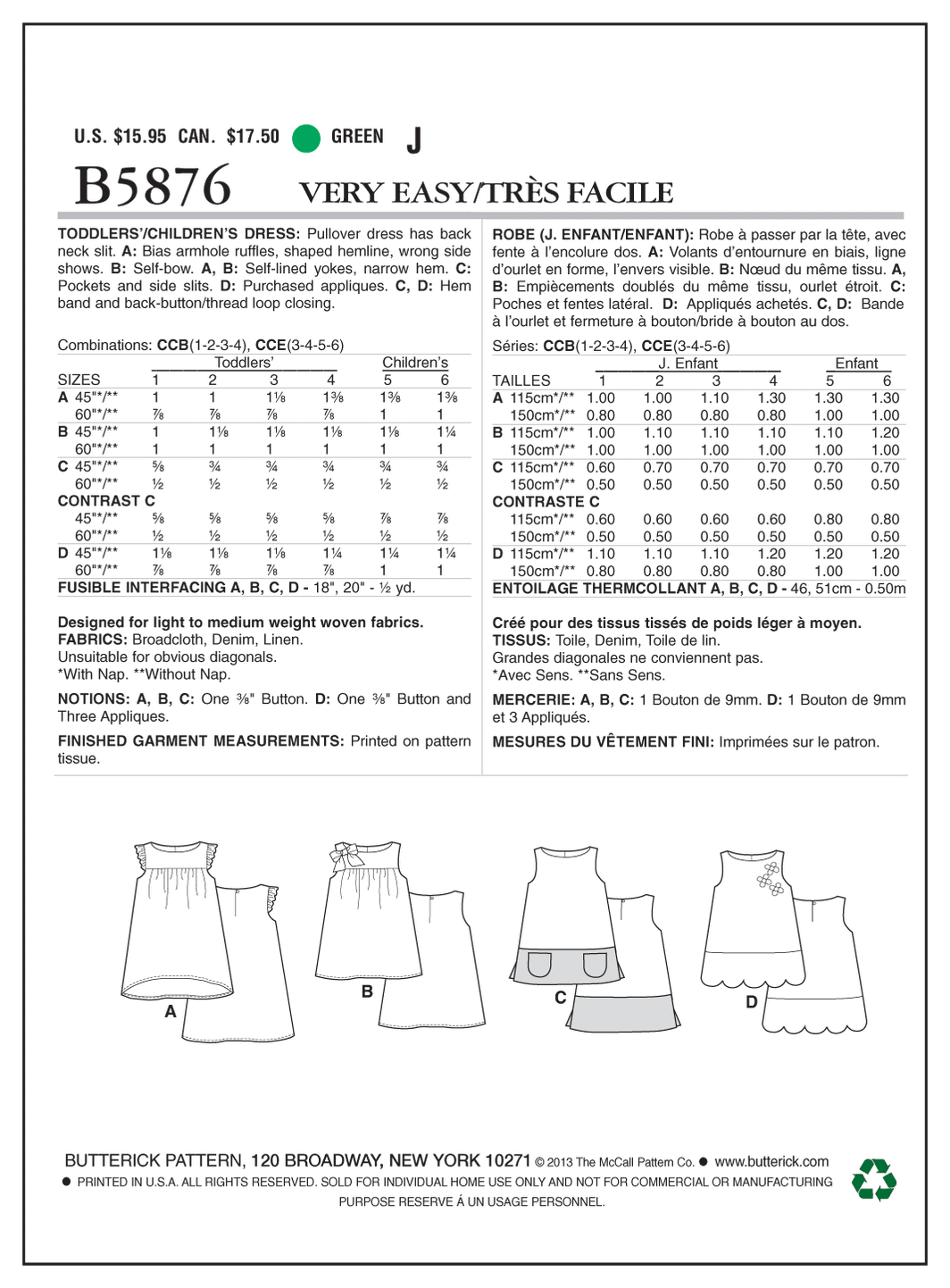 Butterick Pattern: B5876 Toddlers'/Children's Dress — jaycotts.co.uk ...
