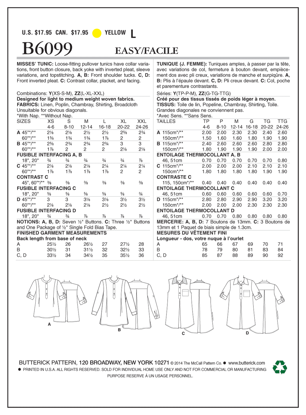 Butterick Pattern: B6099 Misses' Tunic | Easy — jaycotts.co.uk - Sewing ...