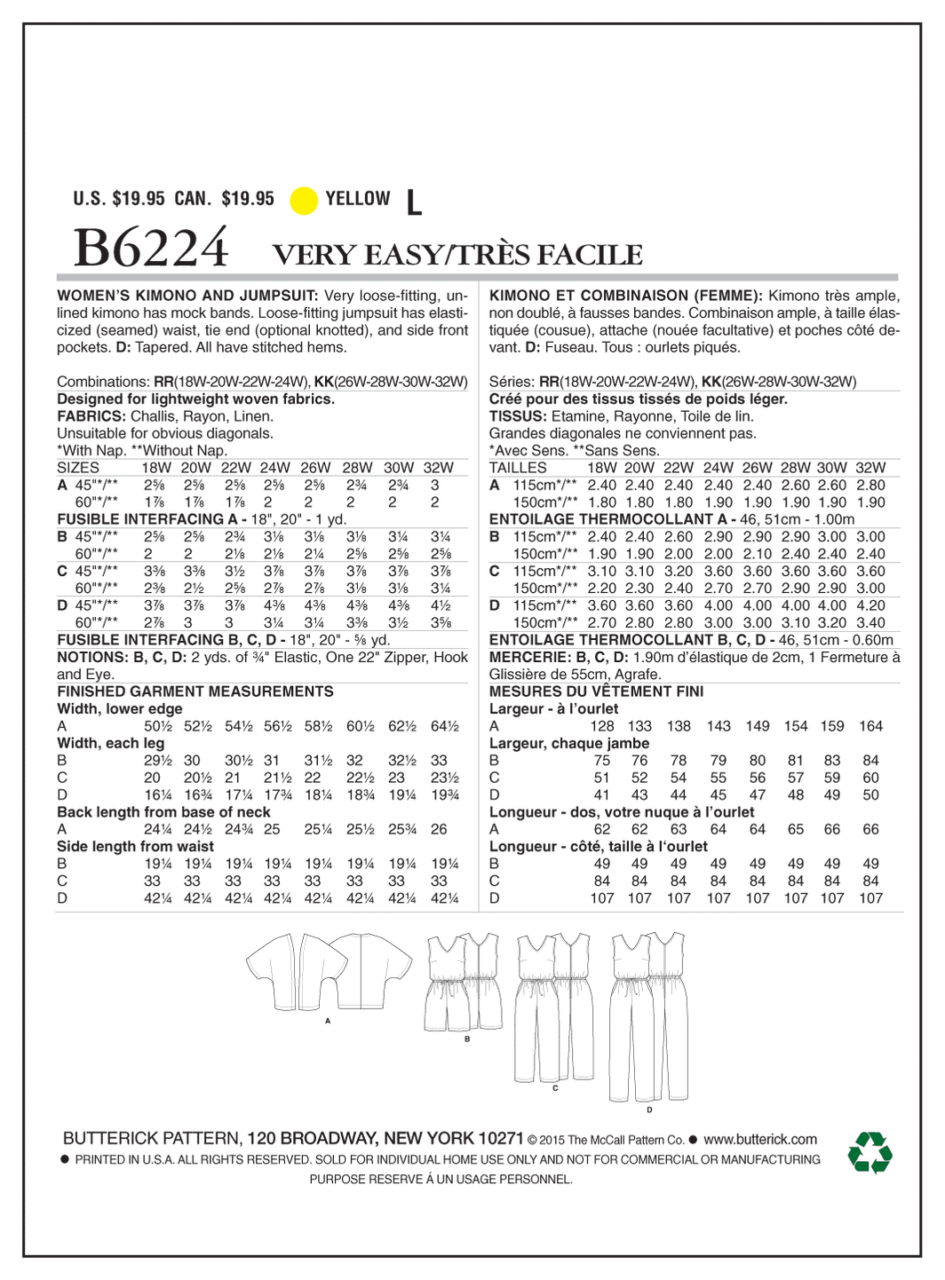 Butterick Pattern: B6224 Women's Kimono and Jumpsuit — jaycotts.co.uk ...