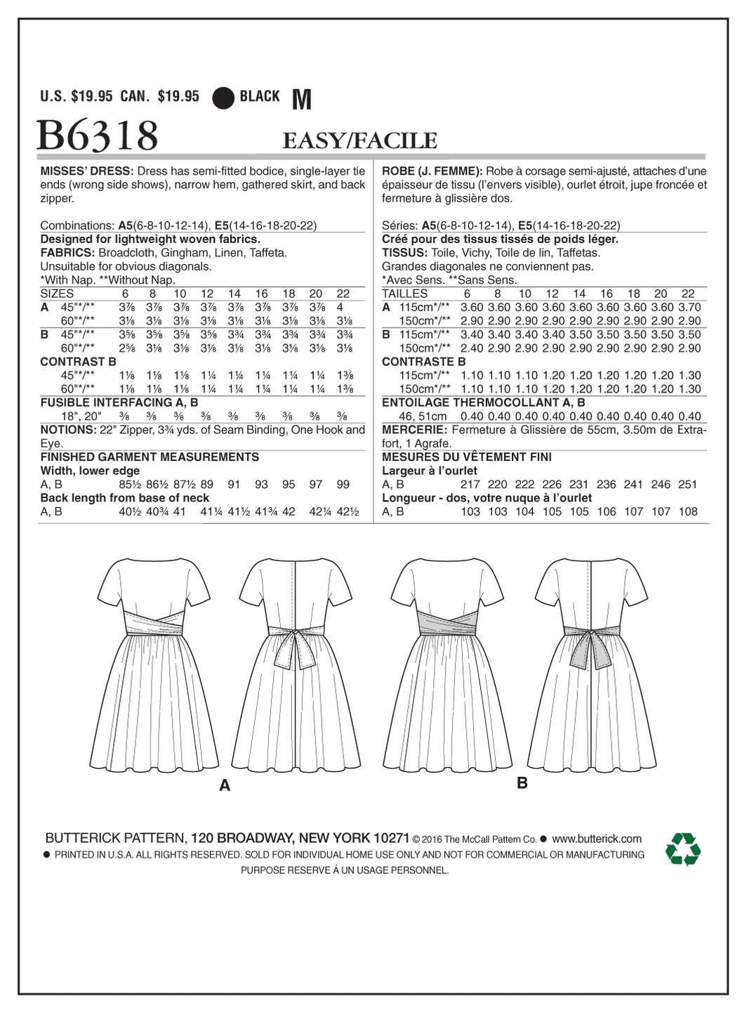 Butterick 6318 Misses' Tie-Waist Dress Pattern — jaycotts.co.uk ...