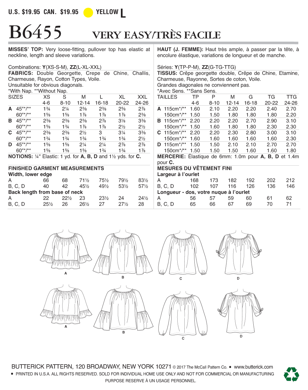 Butterick 6455 Misses' Gathered, Raglan Sleeve Tops Pattern — jaycotts ...