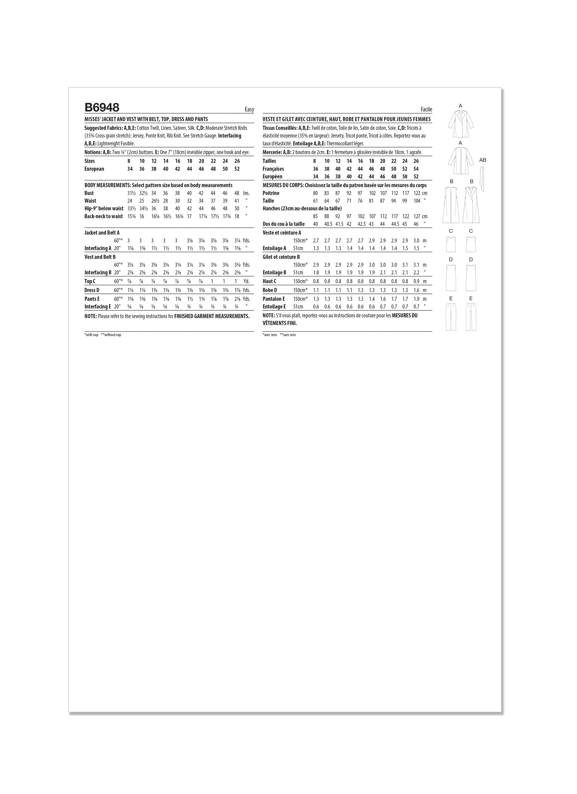 Butterick 6948 sewing pattern Jacket and Vest with Belt, Top, Dress and ...