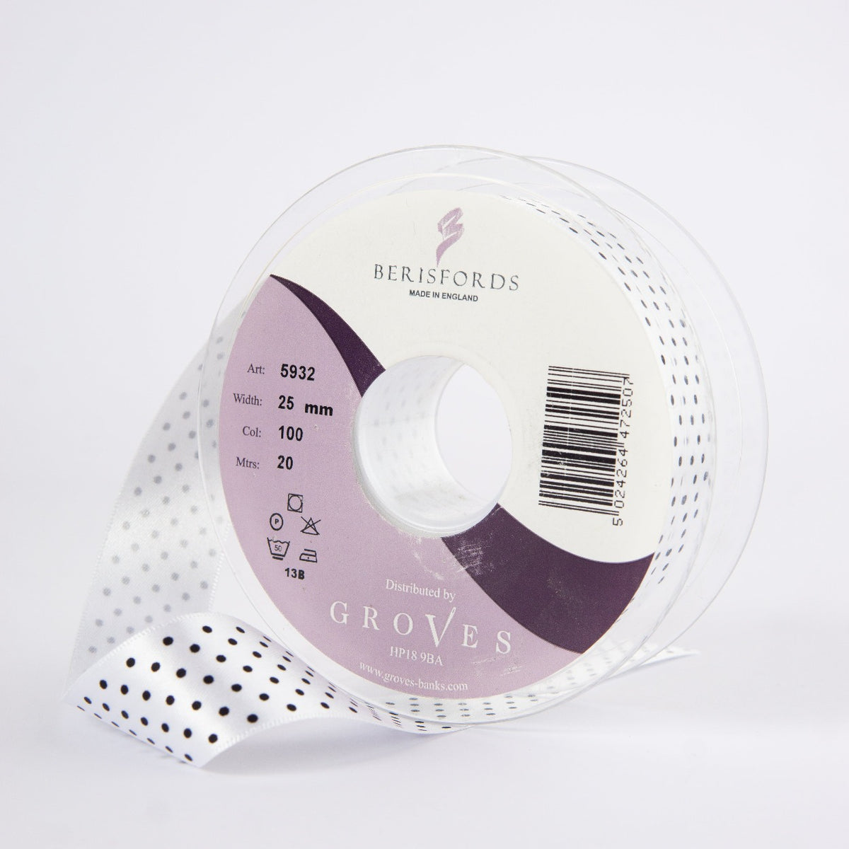 Berisfords Micro Dot Ribbon in White | 25m rolls — jaycotts.co.uk ...