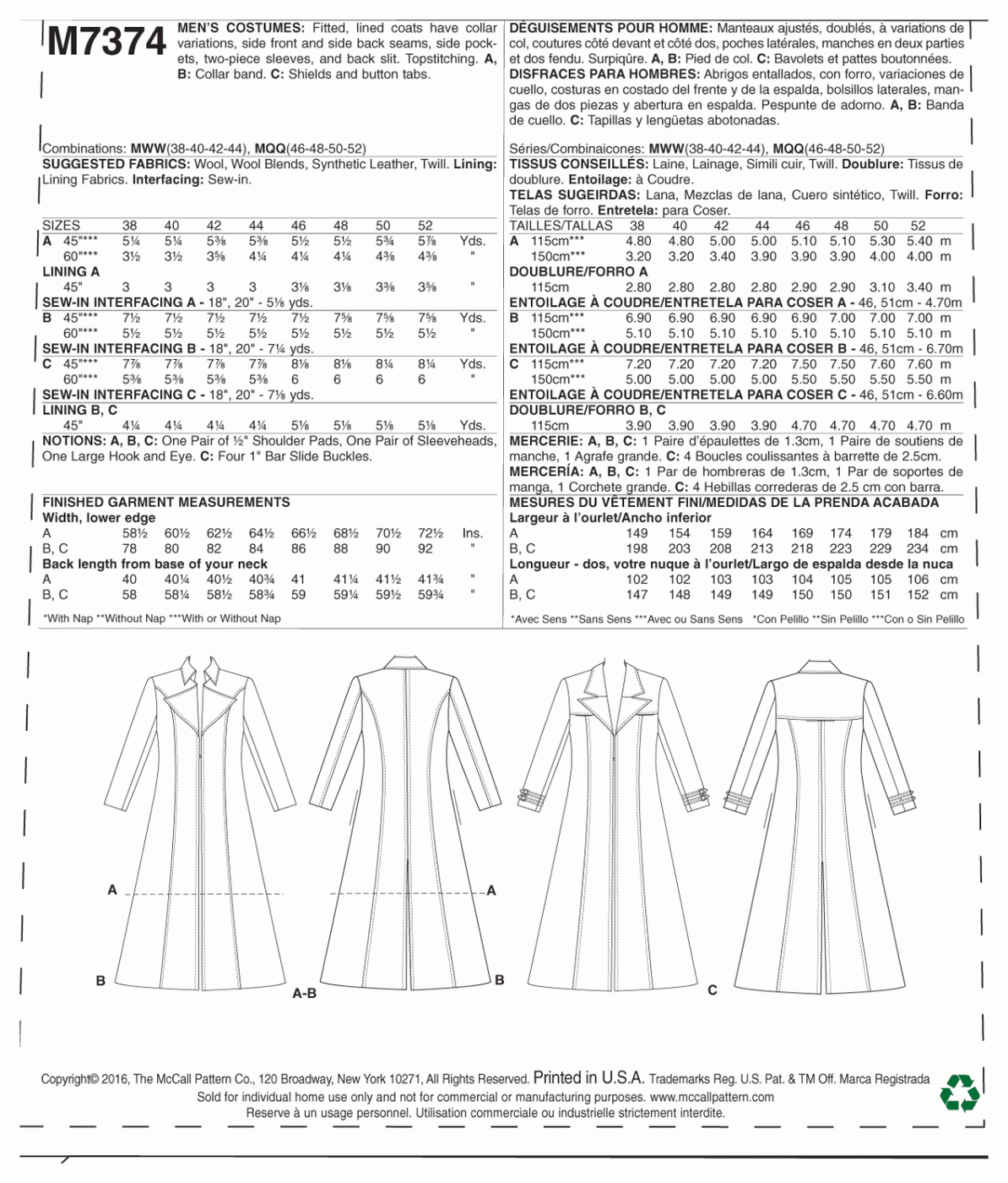 McCall's Sewing Pattern 7374 Yaya Han Mens Collared and Seamed Coats ...