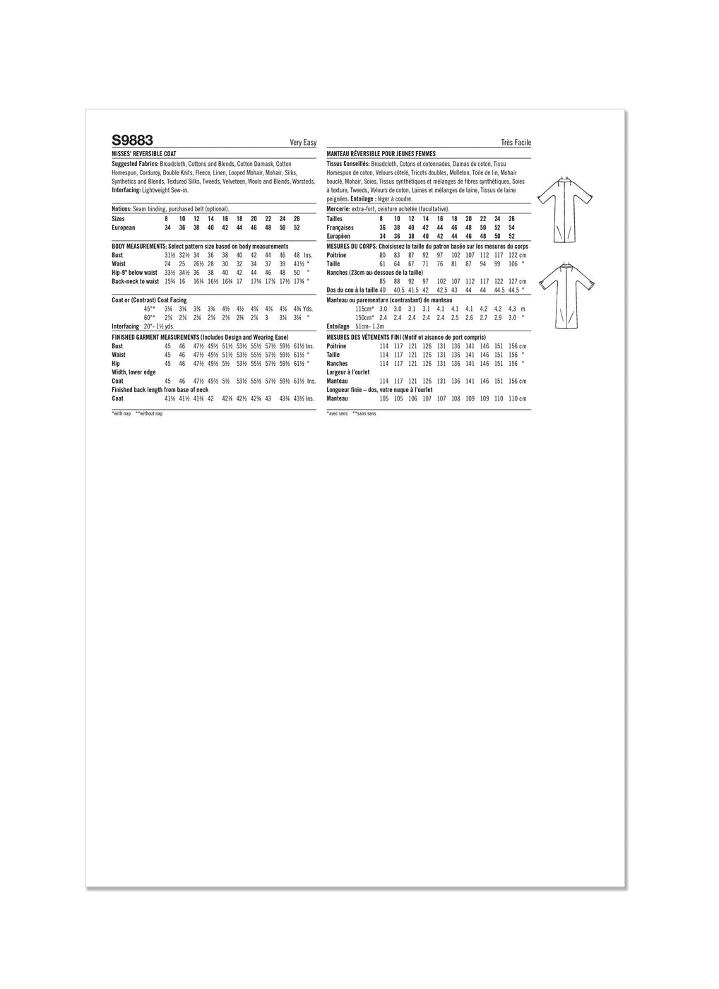 Misses' Reversible Coat Simplicity Sewing Pattern number 9883 ...