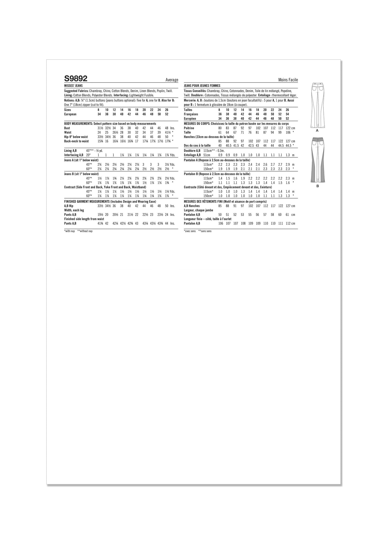 Misses' Jeans Simplicity Sewing Pattern number 9892 — jaycotts.co.uk ...