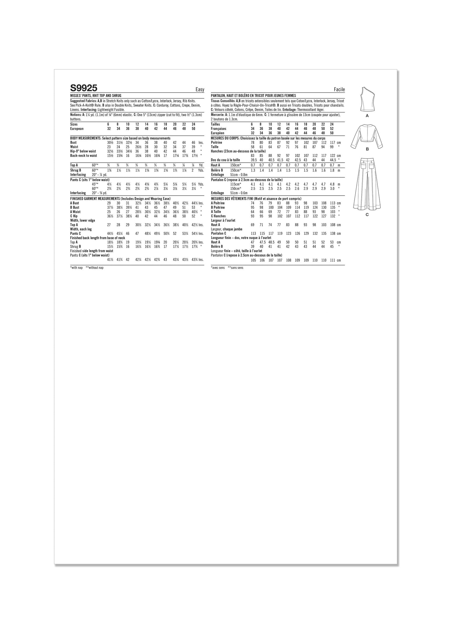 Misses' Pants, Knit Shrug and Top Simplicity Sewing Pattern number 9925 ...