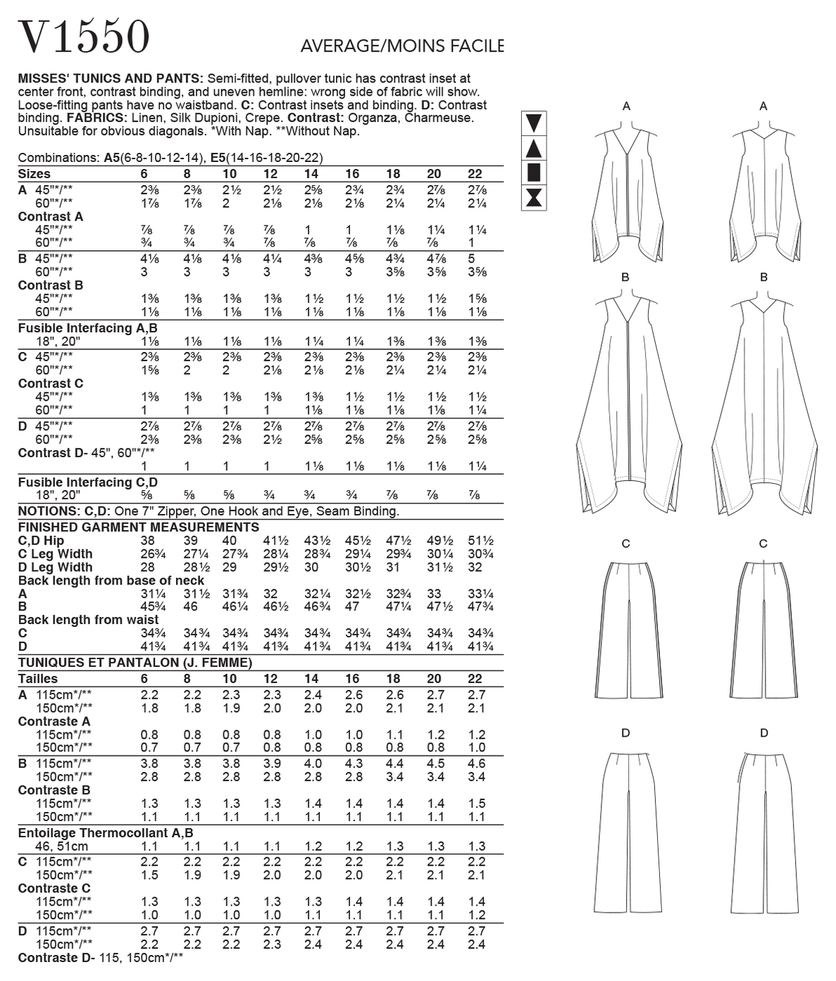 Vogue Sewing Pattern 1550 Tunic and Wide Leg Pants — jaycotts.co.uk ...