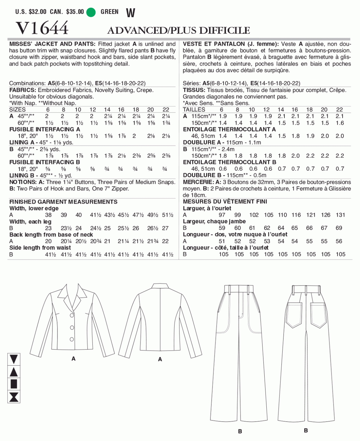 Vogue Sewing Pattern 1644 Fitted Jacket and Trousers — jaycotts.co.uk ...