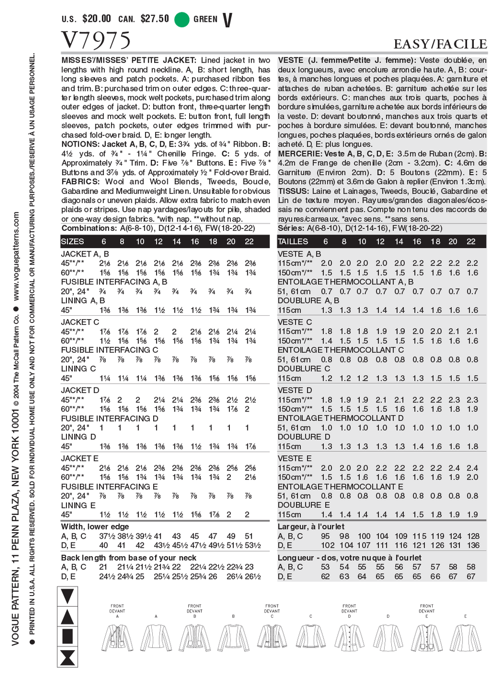 Vogue Pattern: V7975 Misses'/Misses' Petite Jacket | Easy — jaycotts.co ...