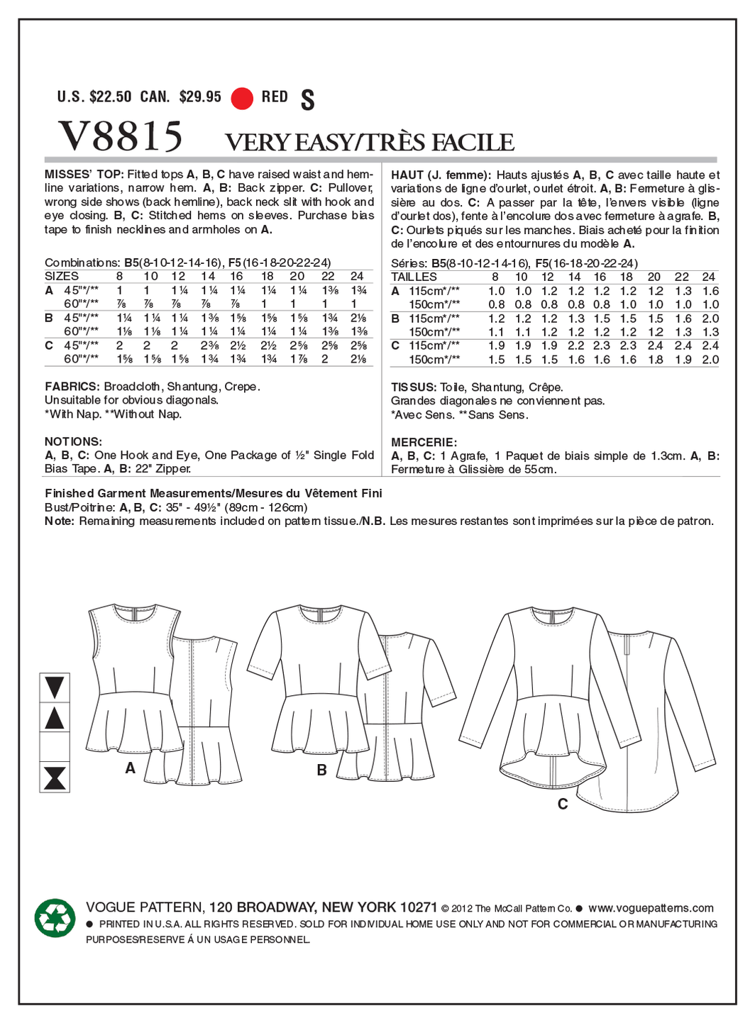 Vogue Pattern: V8815 Misses' Top | Very Easy — jaycotts.co.uk - Sewing ...