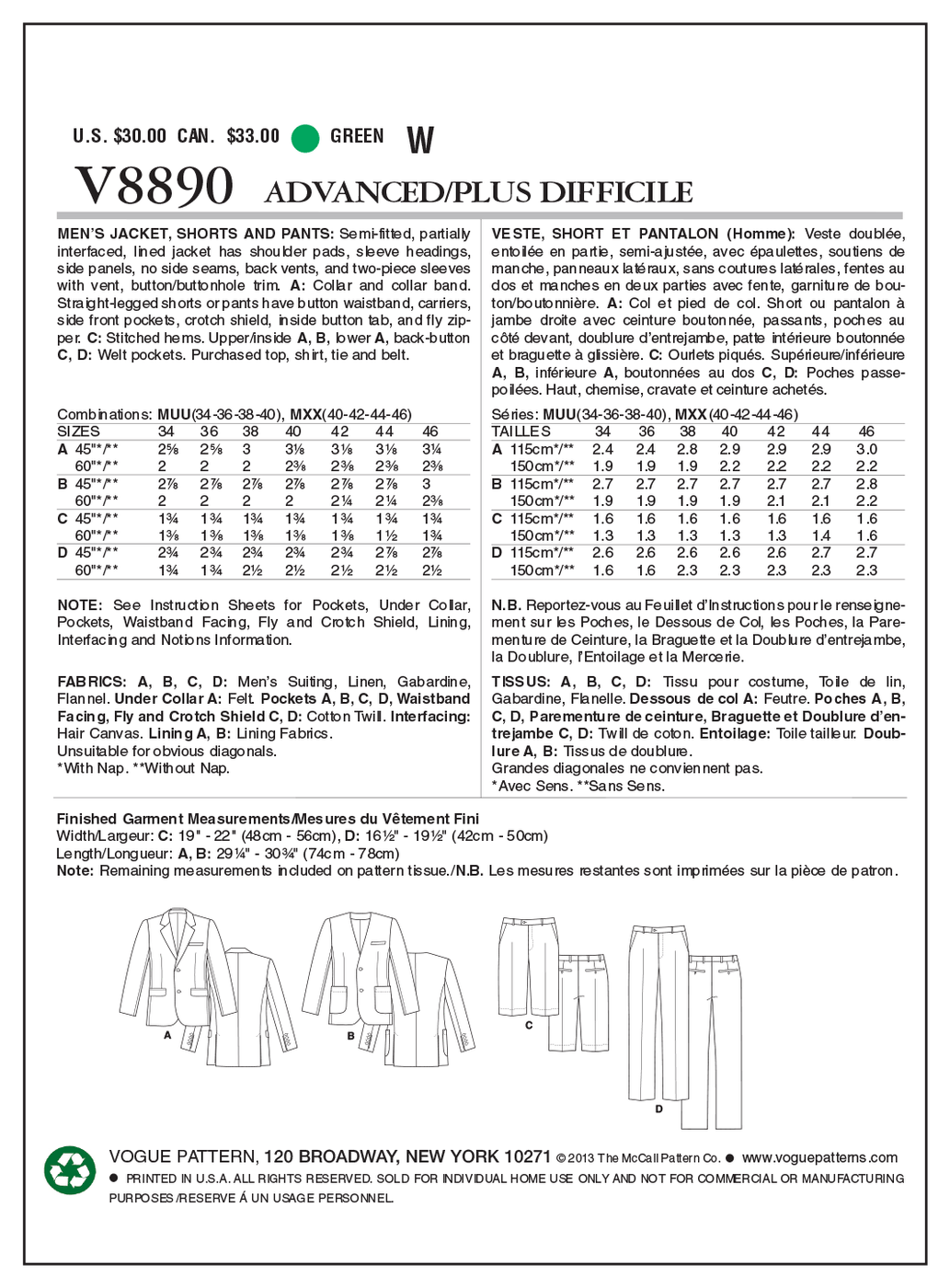 Vogue Pattern: V8890 Men's Jacket, Shorts & Pants | Advanced — jaycotts ...