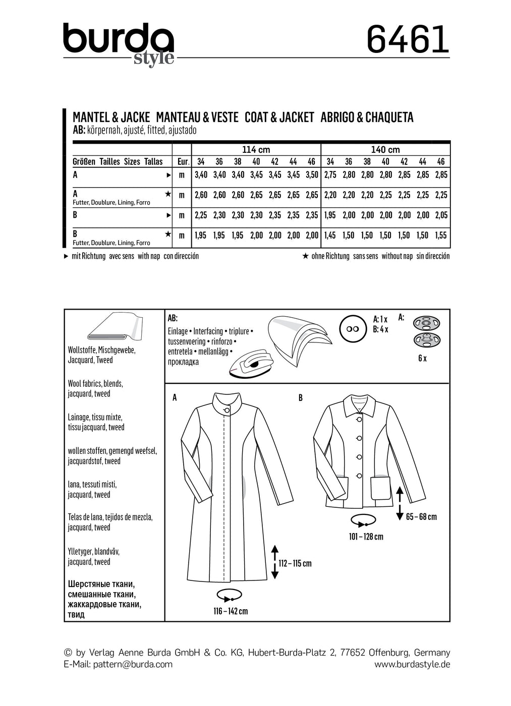 Burda Style Pattern 6461 Women’s Coats — jaycotts.co.uk - Sewing Supplies