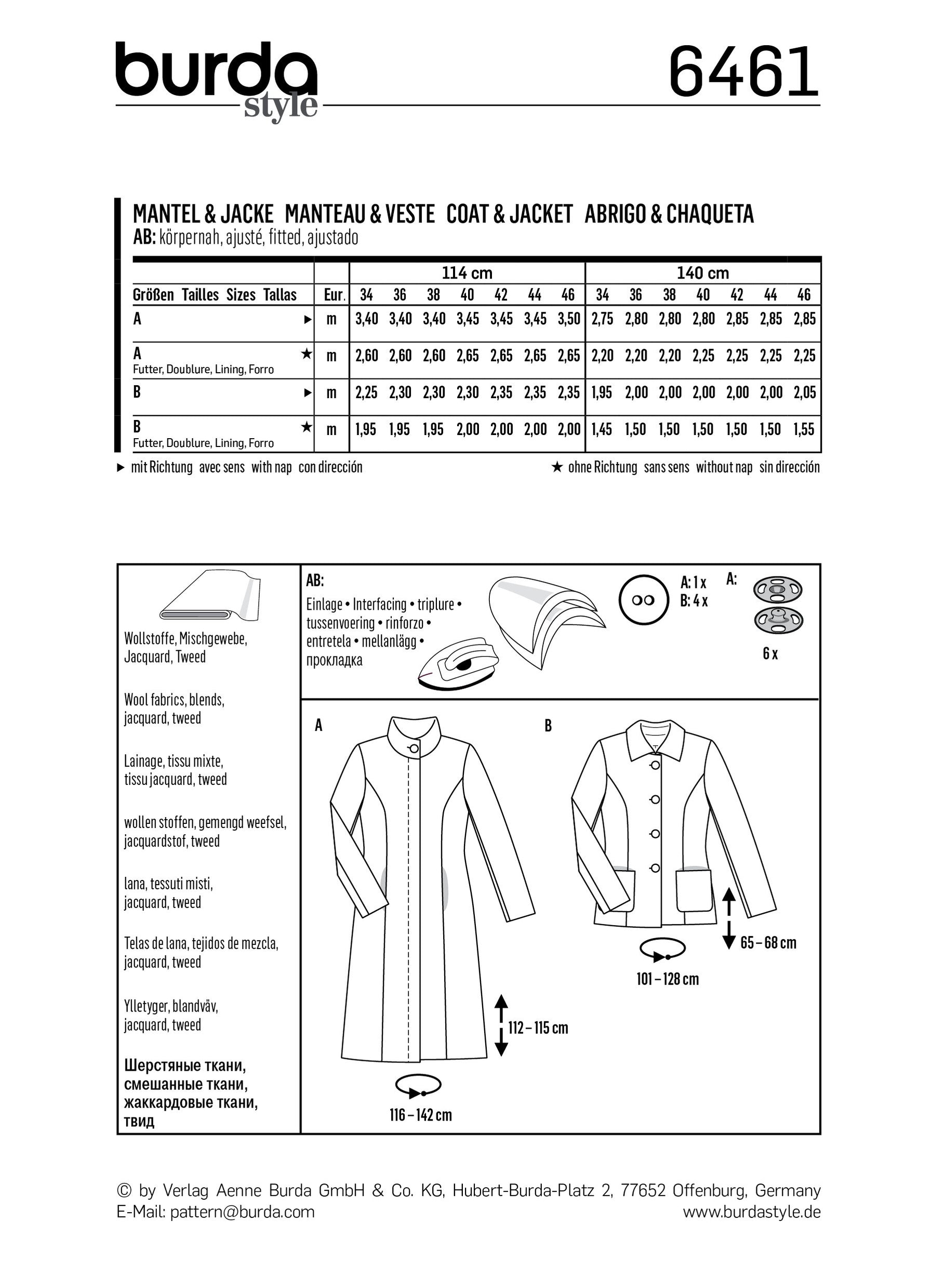 Burda Style Pattern 6461 Women’s Coats — jaycotts.co.uk - Sewing Supplies