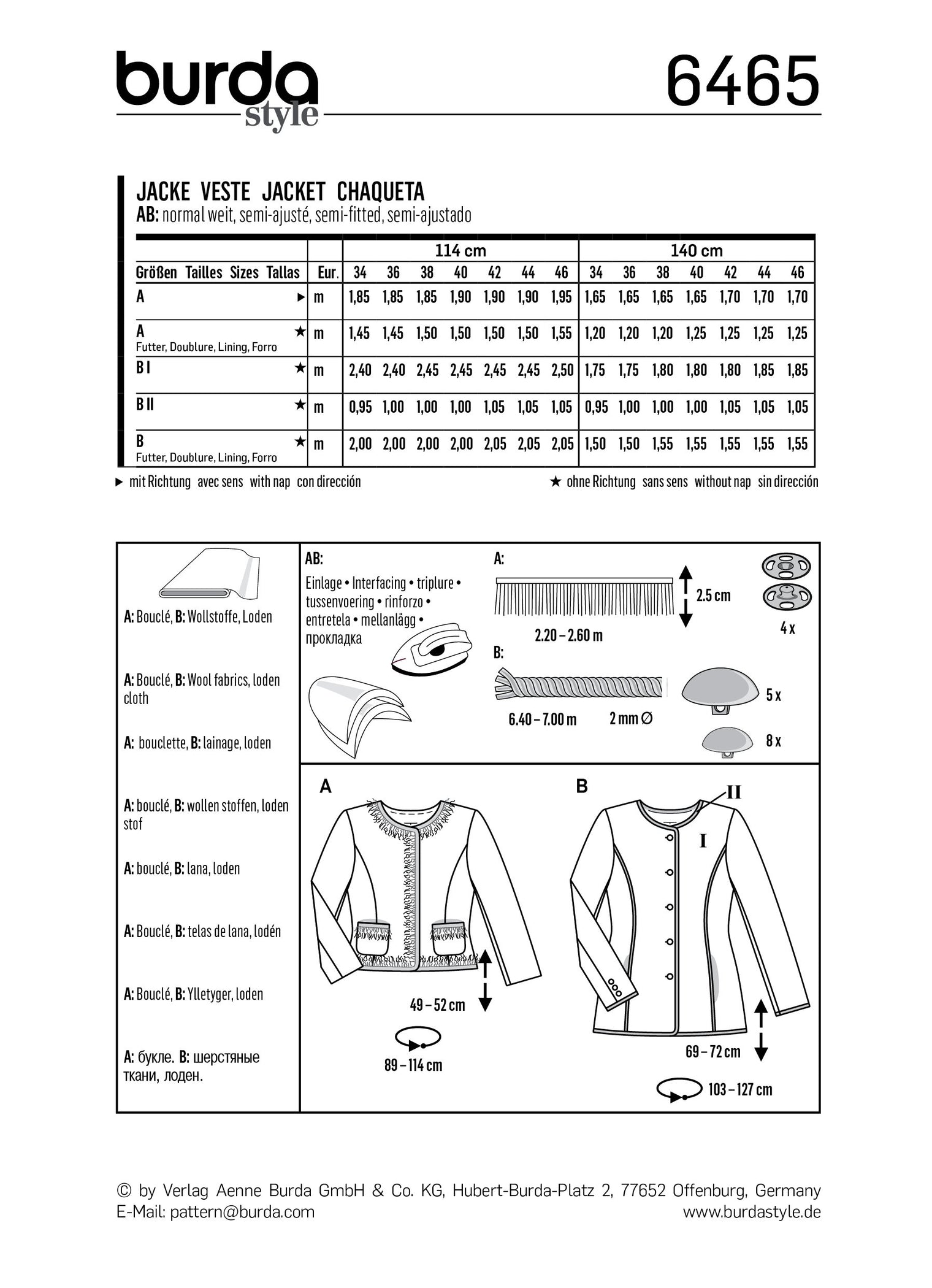 Burda 6465 Women’s Collarless Jacket Sewing Pattern — jaycotts.co.uk ...