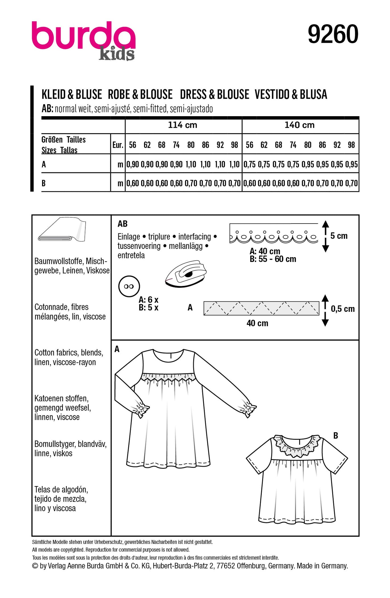 Burda Style Sewing Pattern 9260 Baby Dress / Blouse — jaycotts.co.uk ...