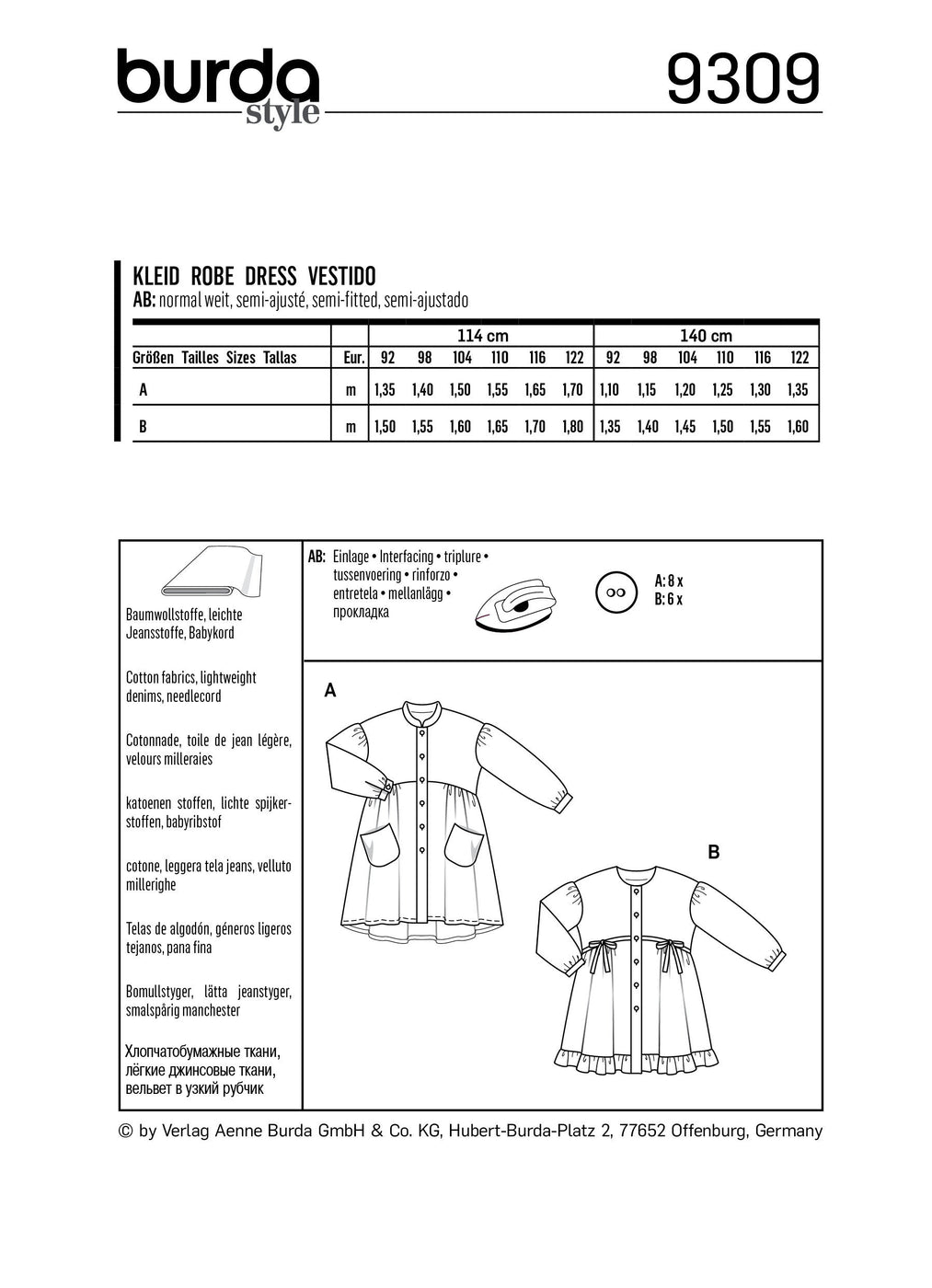 Burda 9309 Child Dress Sewing Pattern — jaycotts.co.uk - Sewing Supplies