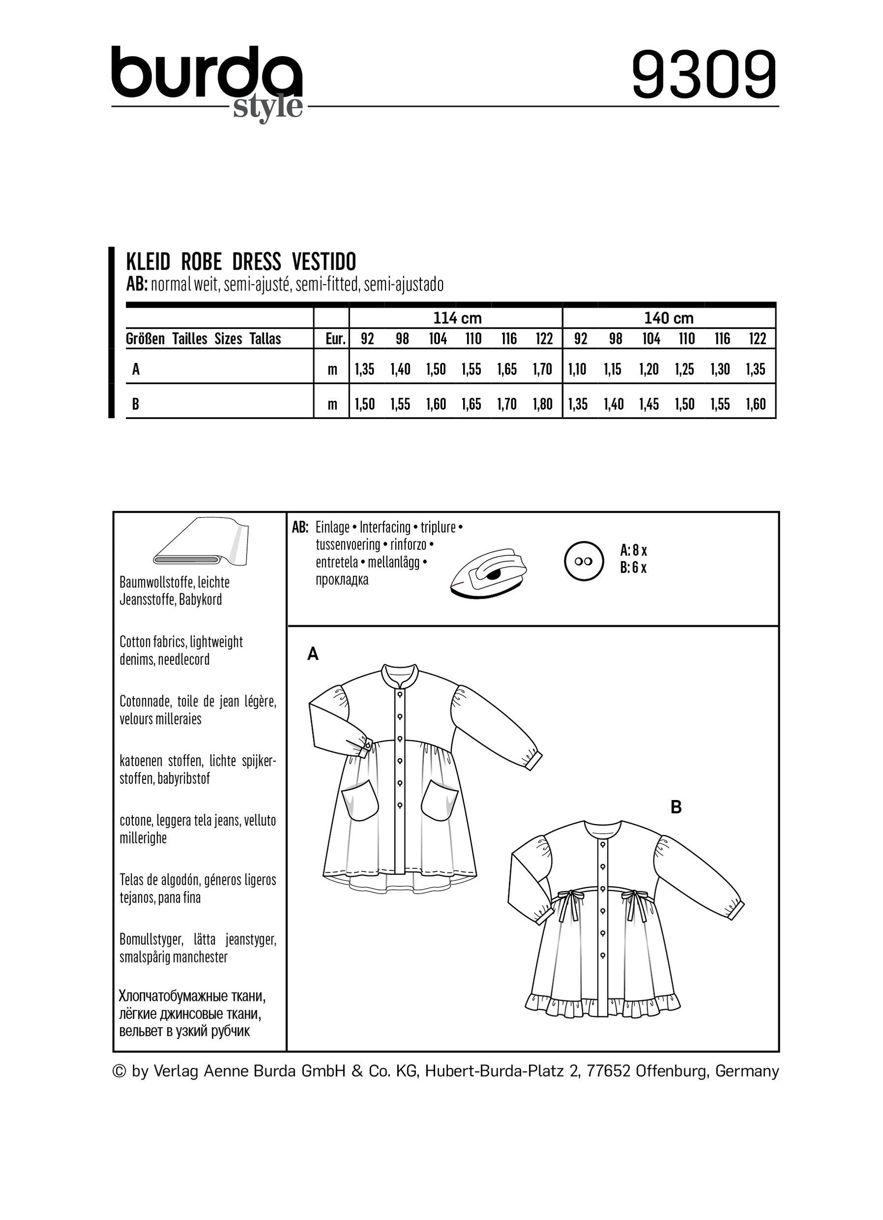 Burda 9309 Child Dress Sewing Pattern — jaycotts.co.uk - Sewing Supplies