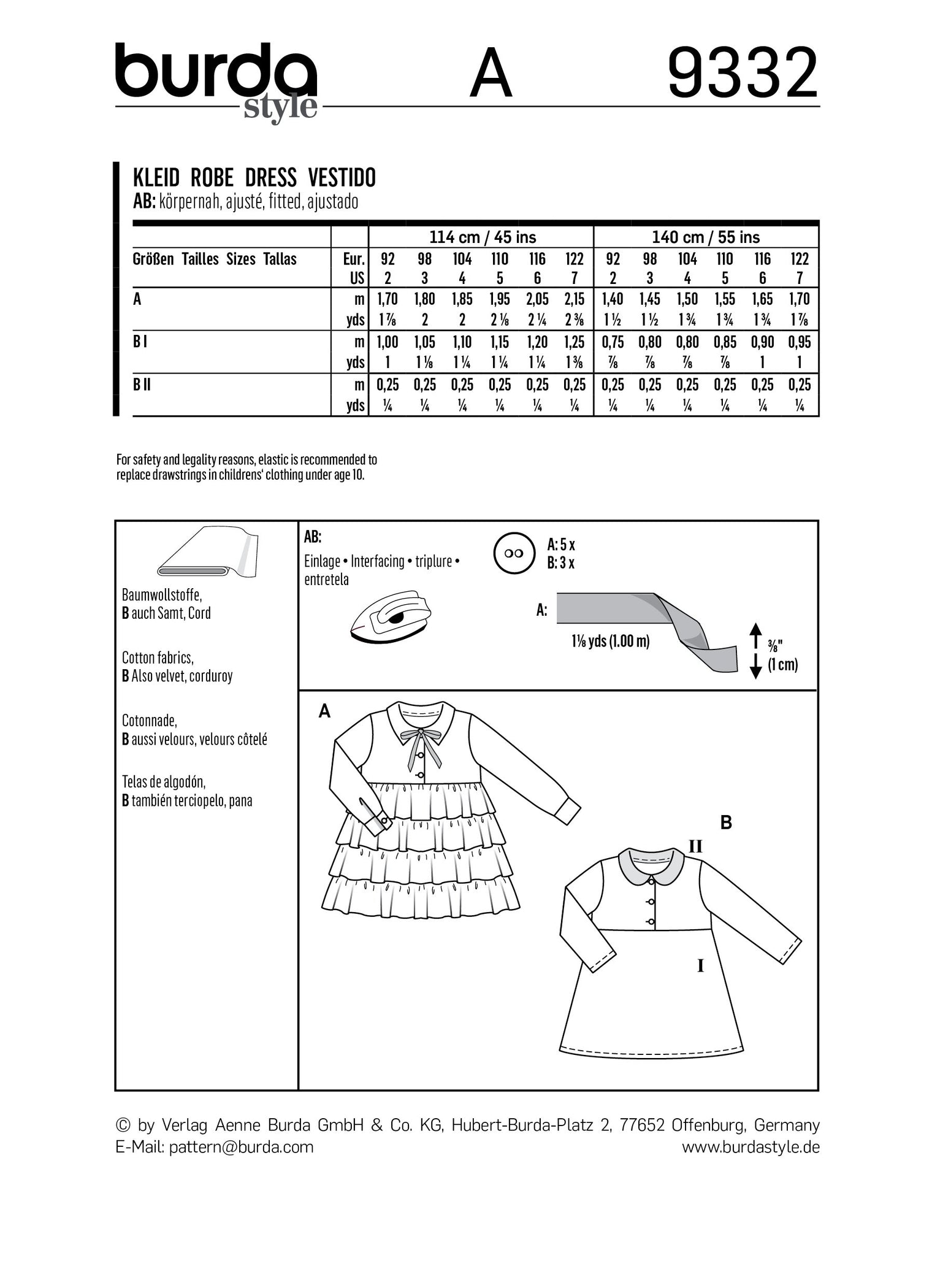 Burda 9332 Child's Dress Sewing Pattern — jaycotts.co.uk - Sewing Supplies