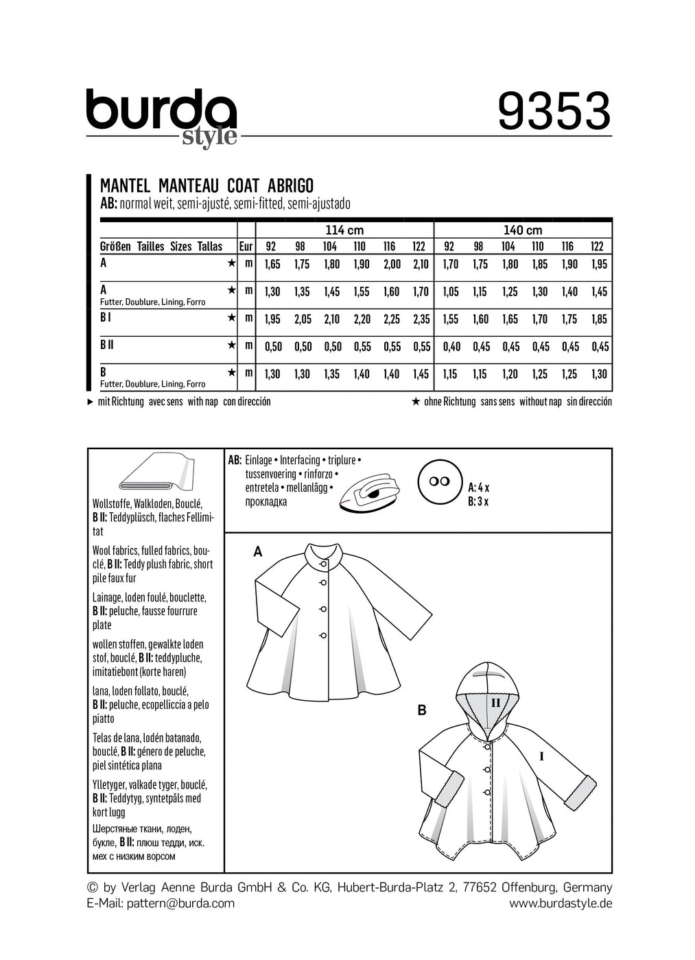 Burda 9353 Child's A-Line Coat Sewing Pattern — jaycotts.co.uk - Sewing ...