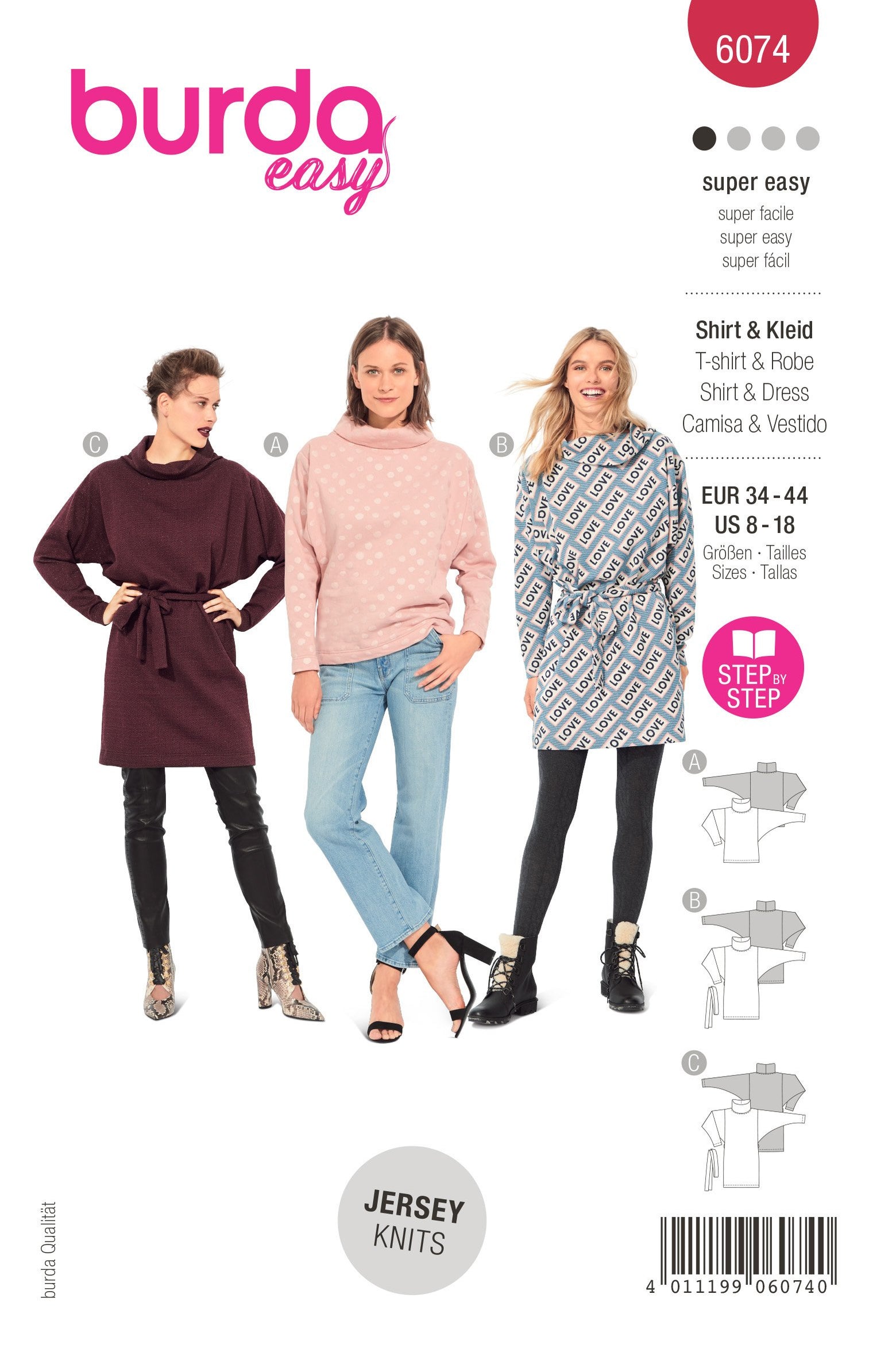 Burda Style Pattern 6074 Misses' Top, Dress with Loose Roll Neck Collar ...