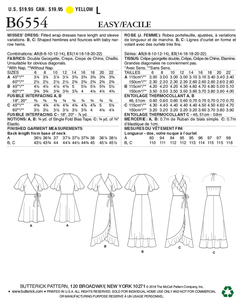 Butterick 6554 Misses' Wrap Dresses Pattern — jaycotts.co.uk - Sewing ...