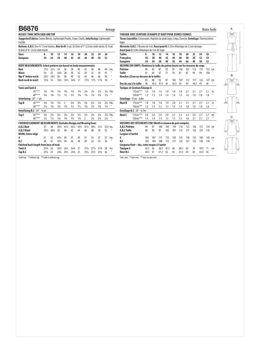 Butterick 6876 sewing pattern Misses' Tunic with Sash and Top ...