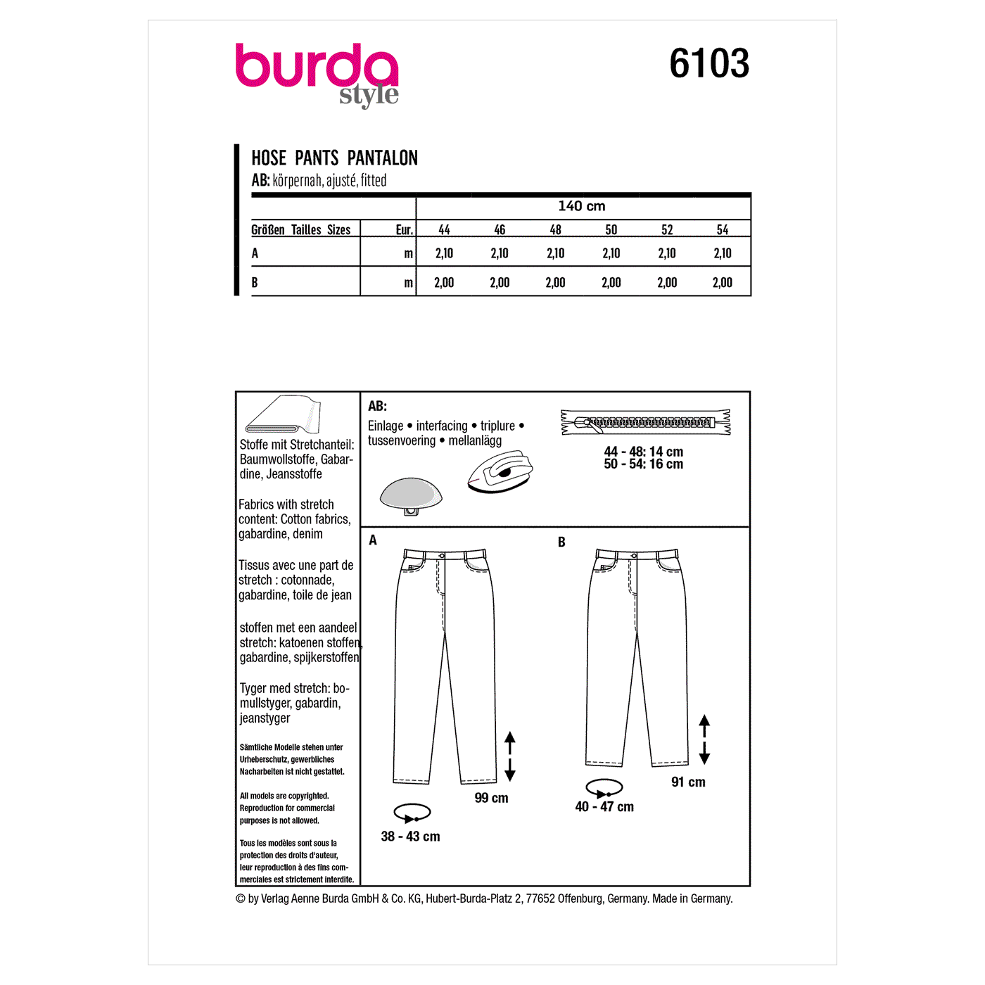 Burda Style Sewing Pattern Number 6103 Women's Trousers and Pants ...