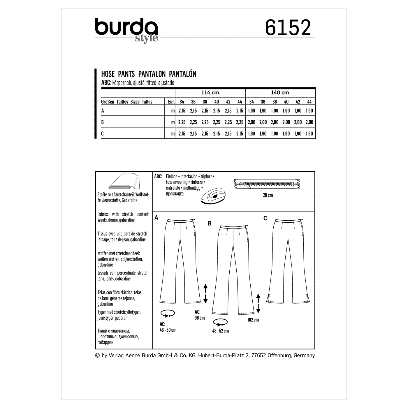 Burda Style Sewing Pattern Number 6152 Flared trousers or pants with a ...