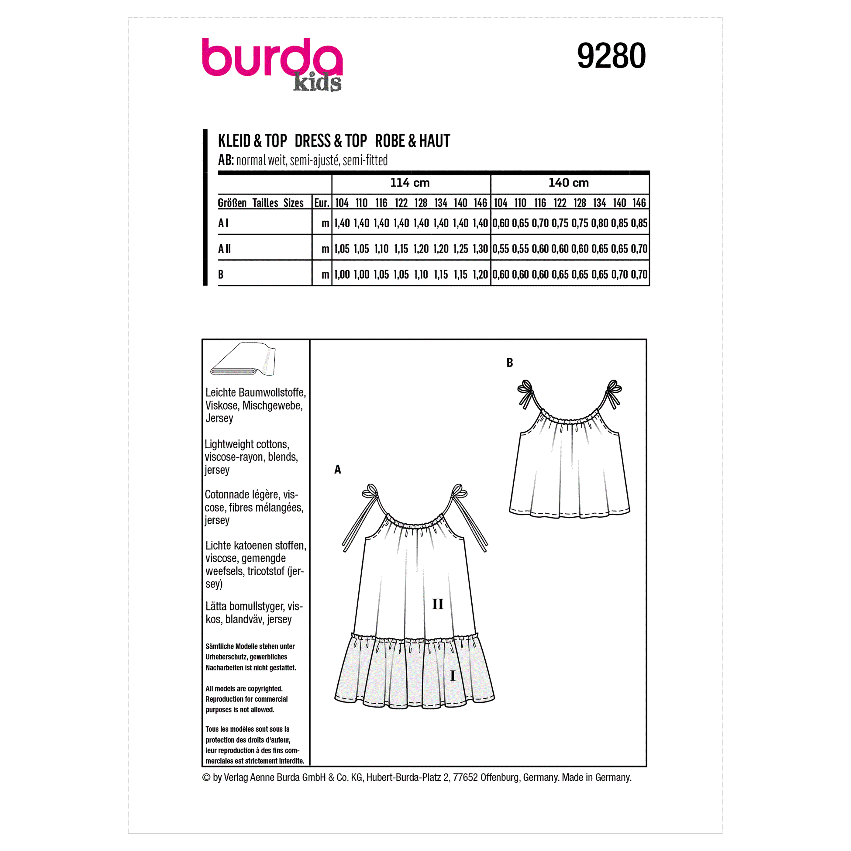 Burda Style Sewing Pattern Number 9280 Children's Top and Dress ...