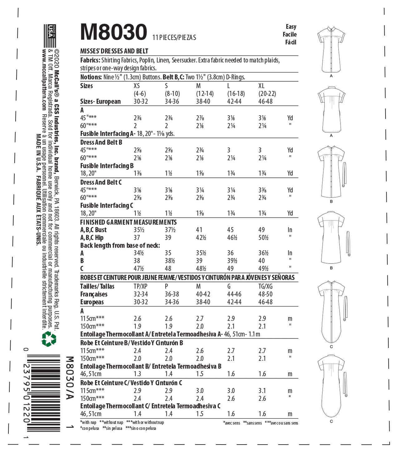 McCalls Sewing Pattern M8030 Dresses and Belt — jaycotts.co.uk - Sewing ...
