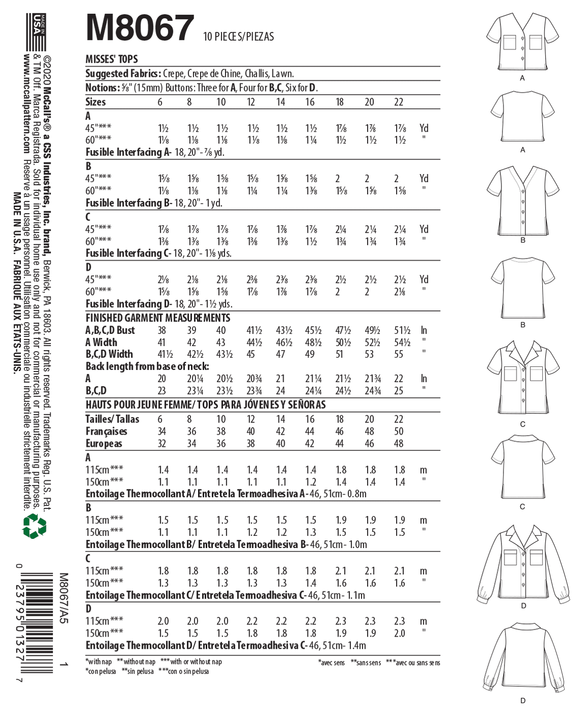 McCalls Sewing Pattern M8067 Button-Front Tops with Options — jaycotts ...