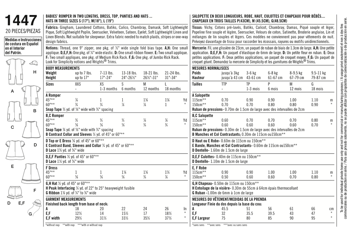 Simplicity Pattern: S1447 Babies' Romper, Dress, Top, Panties & Hats ...