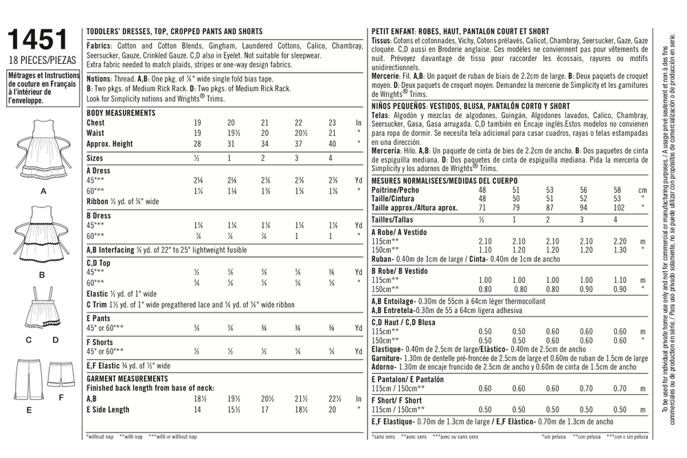 Simplicity Pattern: S1451 Toddlers' Dresses, Top, Cropped Pants ...