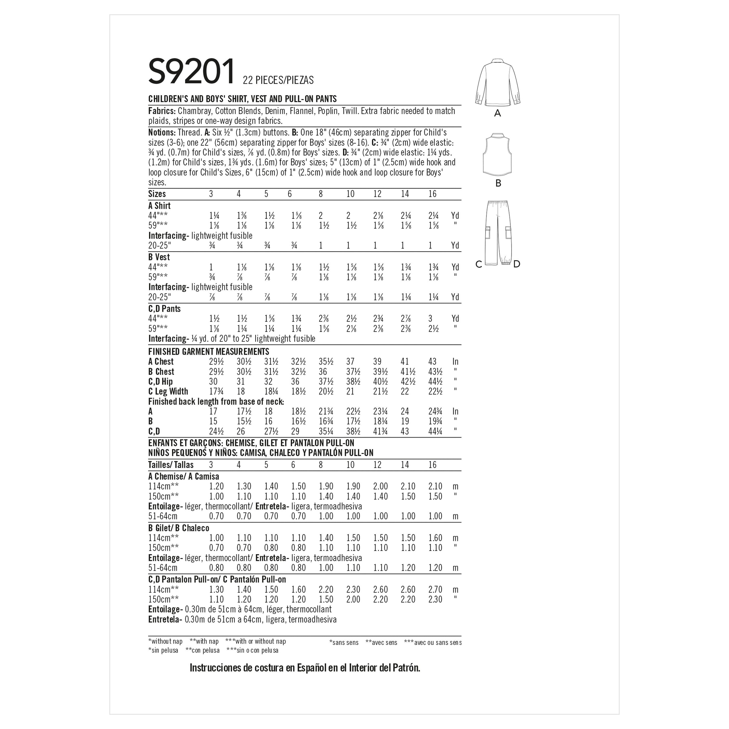 Simplicity Sewing Pattern 9201 Children's and Boys' Shirt, Vest and Pull-On Pants — jaycotts.co ...