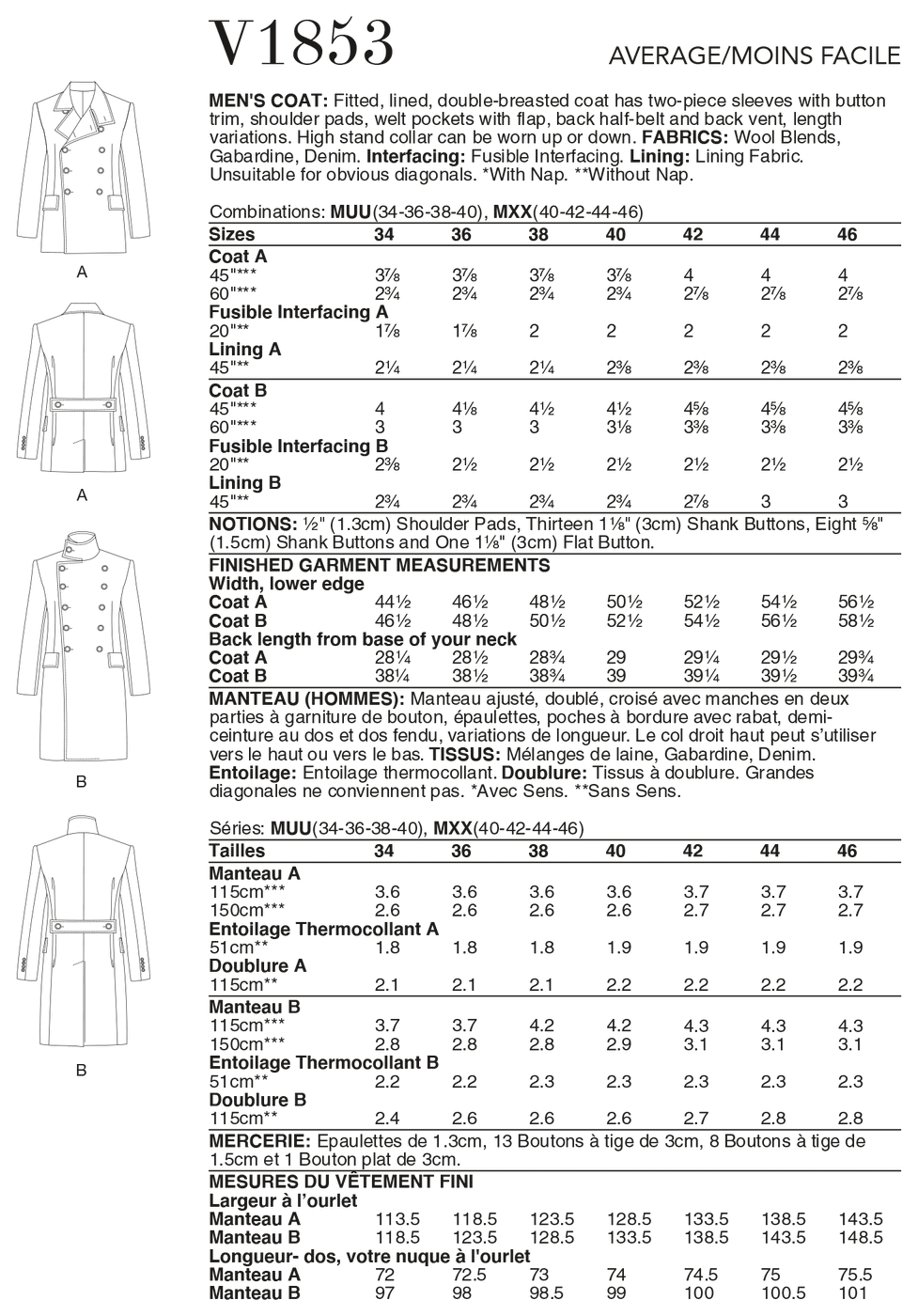 Vogue 1853 Mens Double-Breasted Coat Pattern — jaycotts.co.uk - Sewing ...