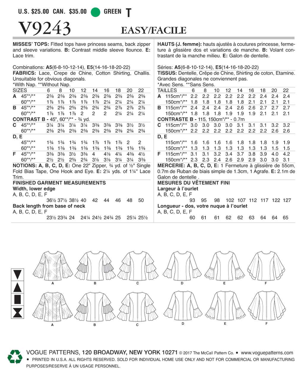 Vogue Pattern 9243 Misses' Princess Seam Tops with Flared Sleeve Varia ...