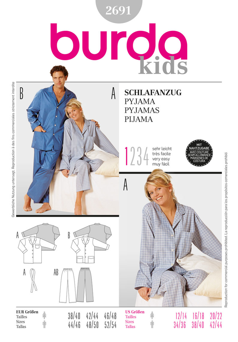 Burda 2691 Unisex Pyjamas Pattern — jaycotts.co.uk - Sewing Supplies