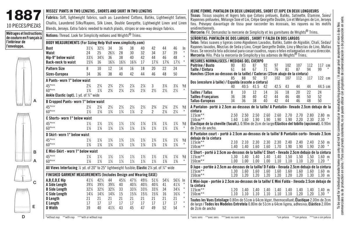 Simplicity Pattern: S1887 Misses' Pants & Skirts | Easy — jaycotts.co ...