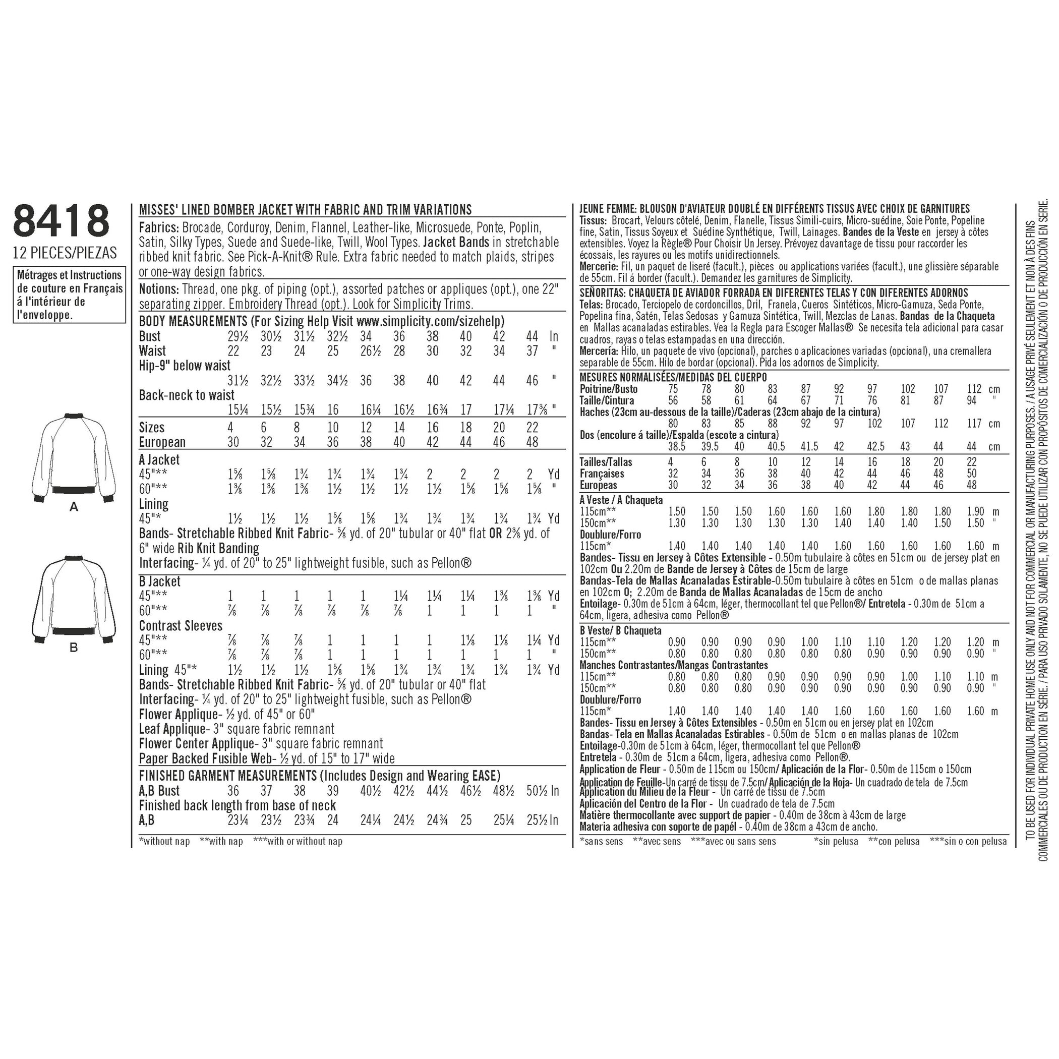 Simplicity Pattern 8418 misses lined bomber jacket — jaycotts.co.uk ...