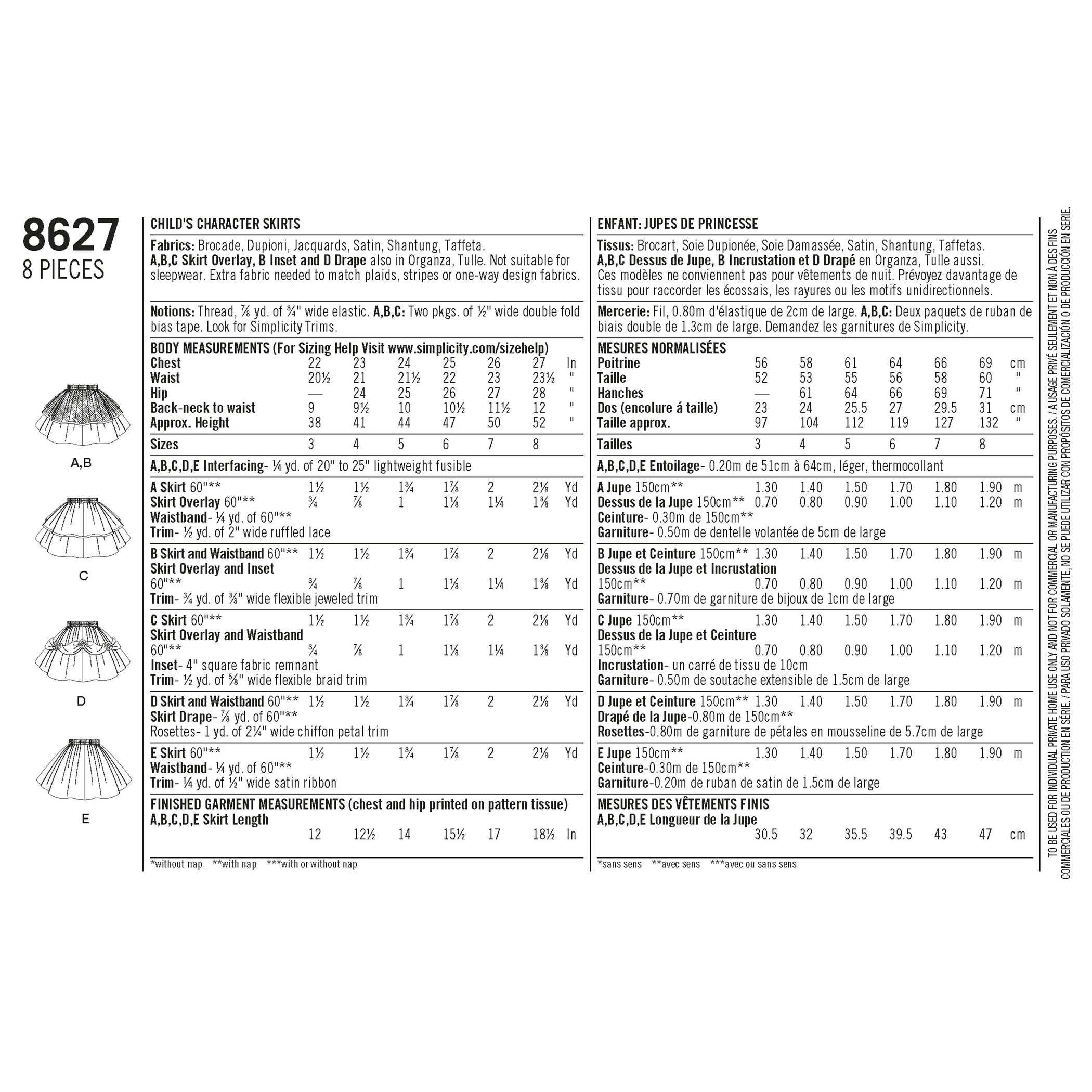 Simplicity Pattern 8627 Disney princess skirts for children — jaycotts.co.uk - Sewing Supplies